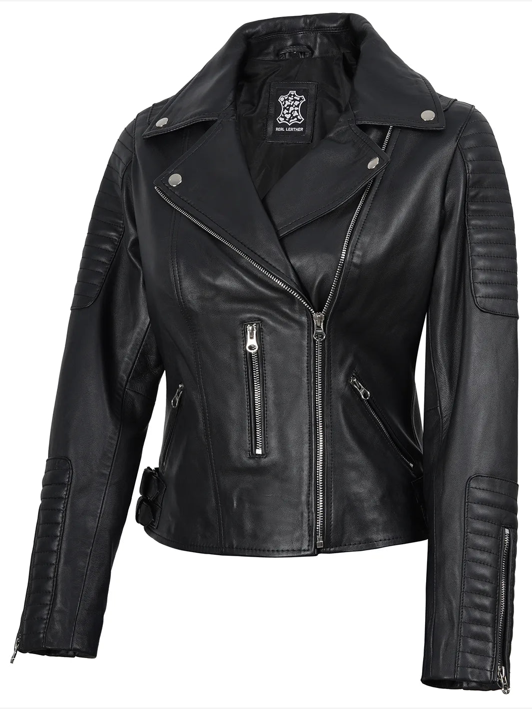 Asymmetrische schwarze Leder-Motorradjacke für Damen – Decrum